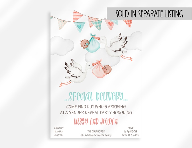Editable Stork Gender Reveal Invitation | Pink Blue Baby Shower Invite ...