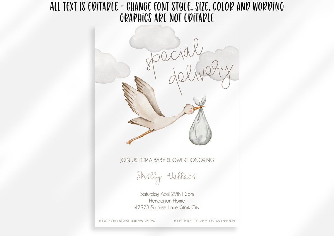 Editable Stork Baby Shower Invitation Gender Neutral Baby Shower Invite ...