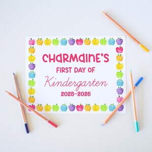 Personalized First Day of Kindergarten Sign Editable, Rainbow Apple ...