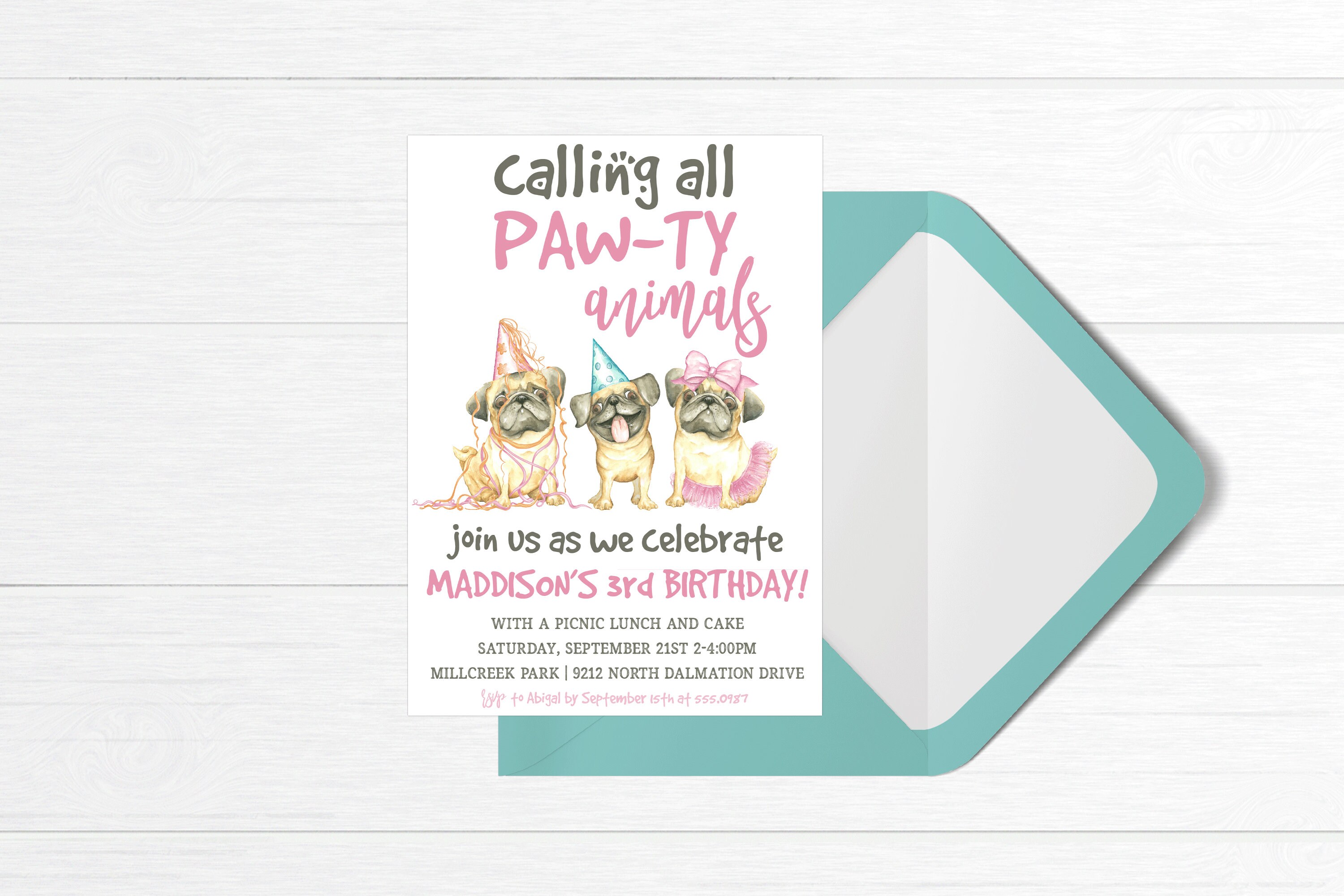 Bearbeitbare Mops-Geburtstags-Party-Einladung für Mädchen | Lets Pawty ...