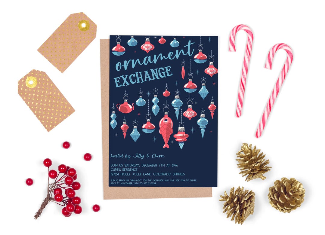 Editable Ornament Exchange Invitation Template Blue Holiday Party ...