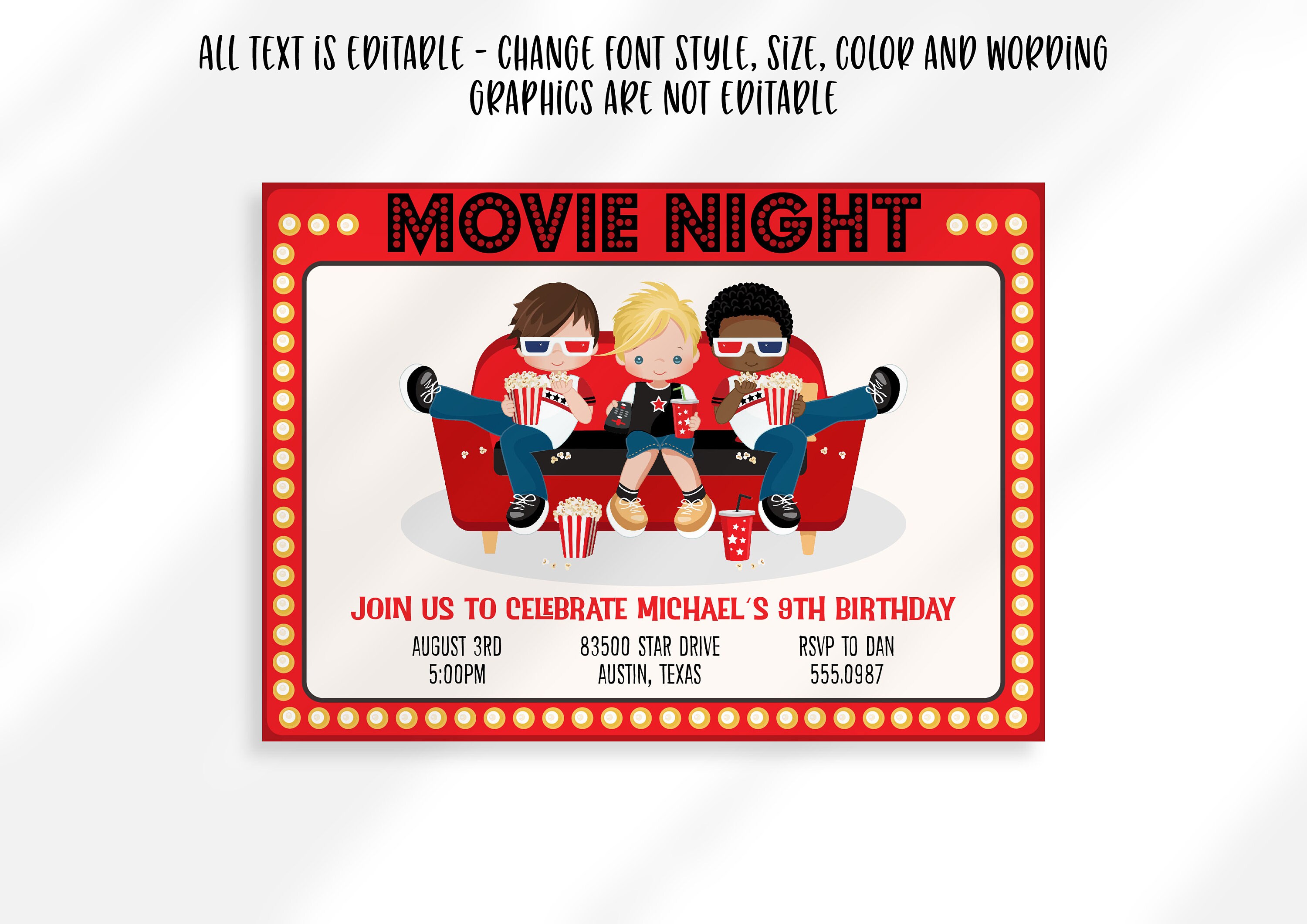 Editable Movie Night Invite Template Boy Birthday Party Invitation ...