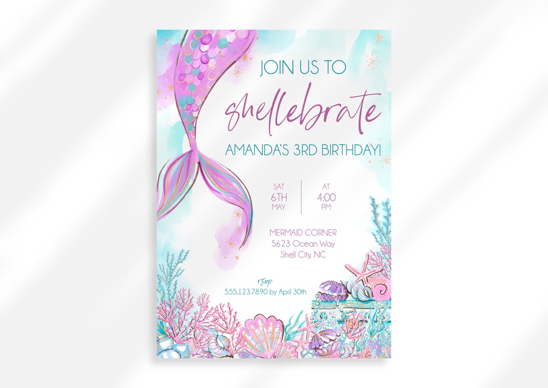 Editable Shellebrate Birthday Invitation | Purple Mermaid Invitation ...