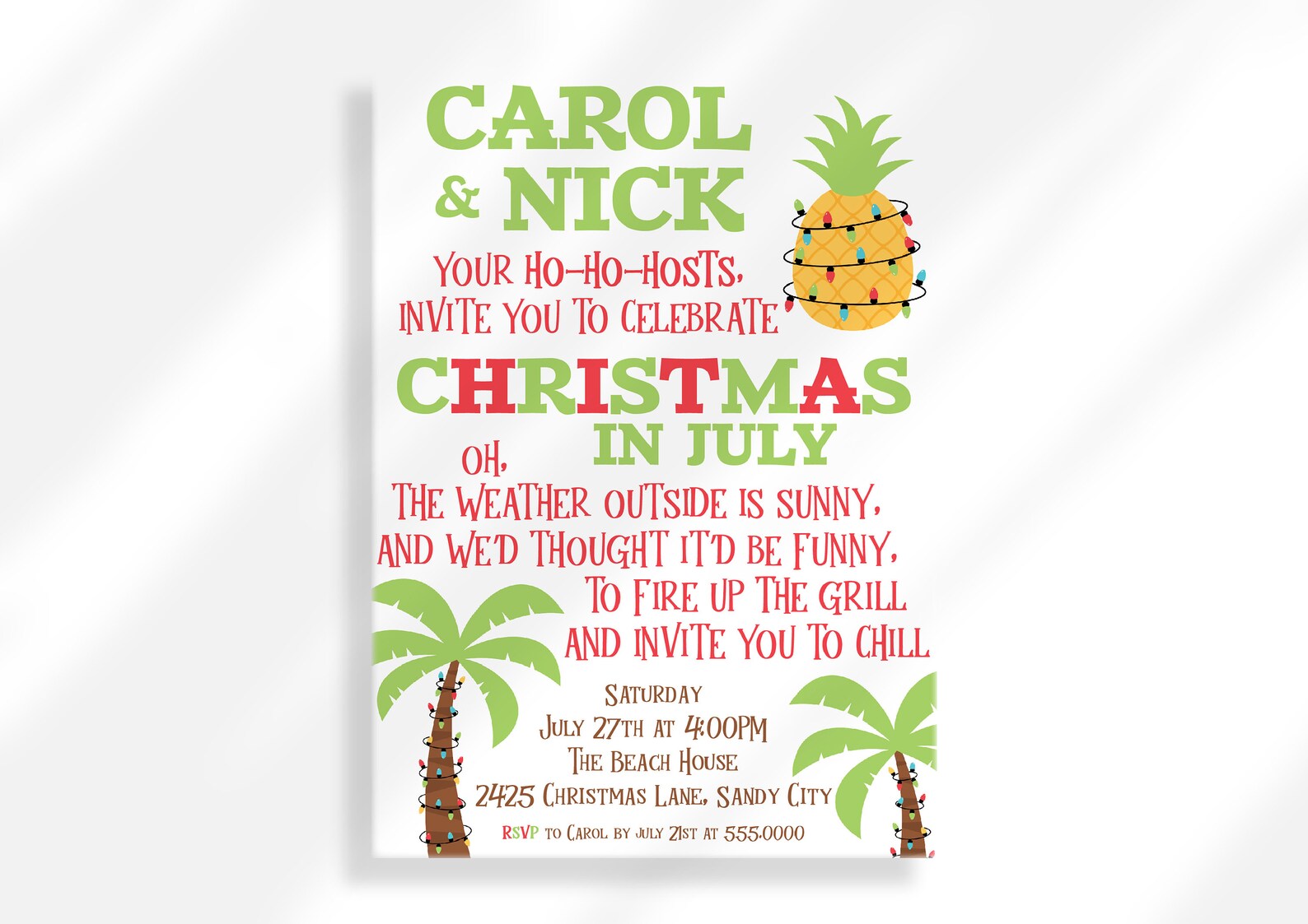 Editable Christmas in July Invitation | Tropical Christmas | Summer ...