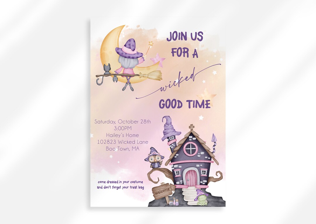 Editable Pink Witch Halloween Invitation | Wicked Good Time Invitation ...