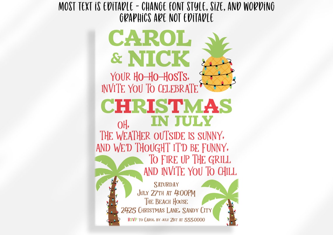 Editable Christmas in July Invitation | Tropical Christmas | Summer ...