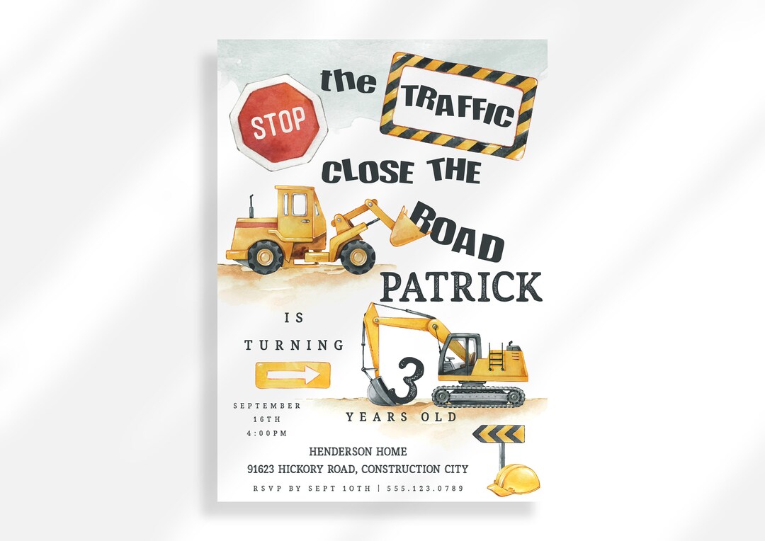 Editable Stop the Traffic Close the Road Birthday Invitation for ...