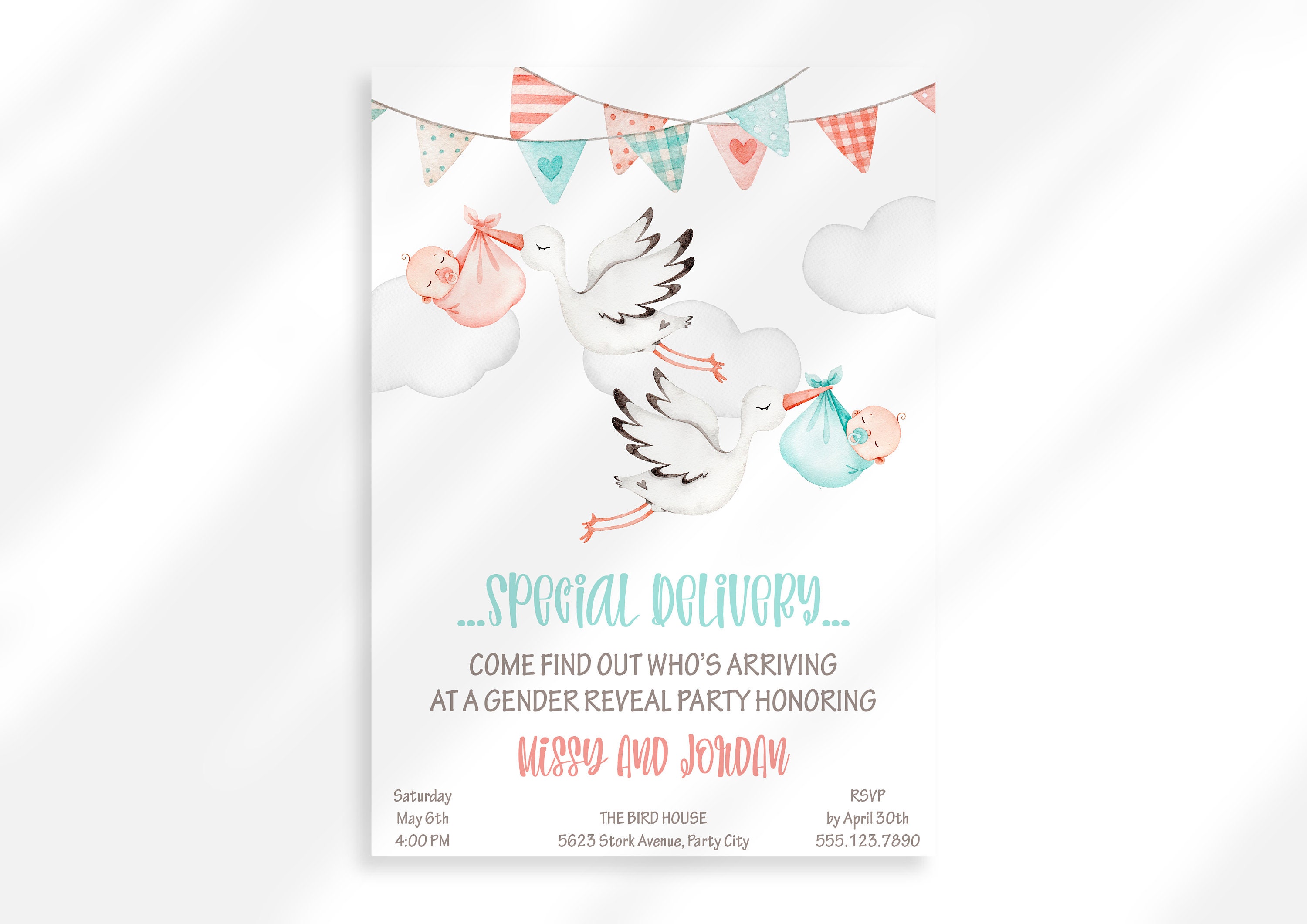 Editable Stork Gender Reveal Invitation | Pink Blue Baby Shower Invite ...