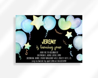 Digital Blue Balloons Birthday Party Invitation Template (editable ...