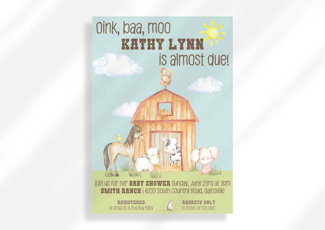 Editable Oink Baa Moo Baby Shower Invitation Barn Yard Baby Shower ...