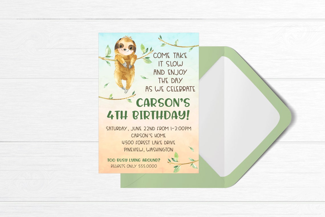 Editable Sloth Birthday Invitation for Instant Digital Download ...