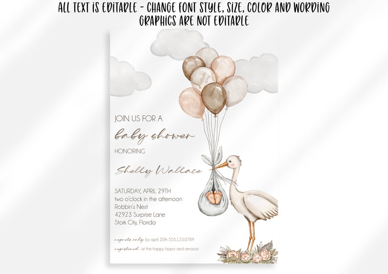Editable Stork Baby Shower Invitation | Gender Neutral Baby Shower ...