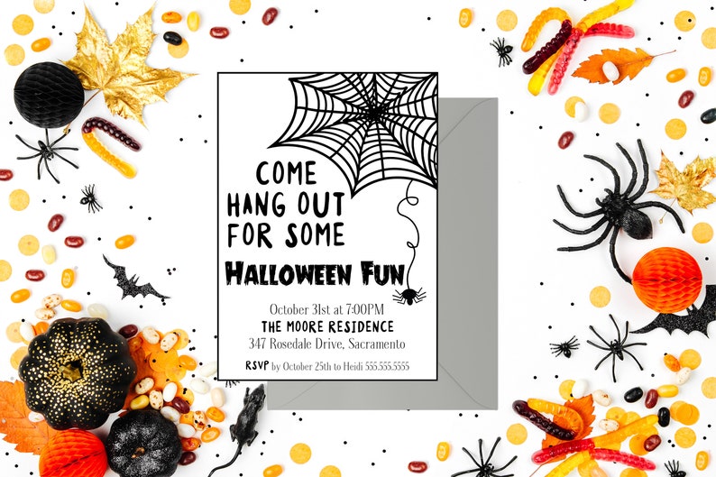 Editable Halloween Hang Out Party Invitation | Kid Halloween Party Invite | Black and White ...