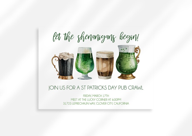 Let the Shenanigans Begin St Pattys Day Pub Crawl Bar Crawl Invitation ...