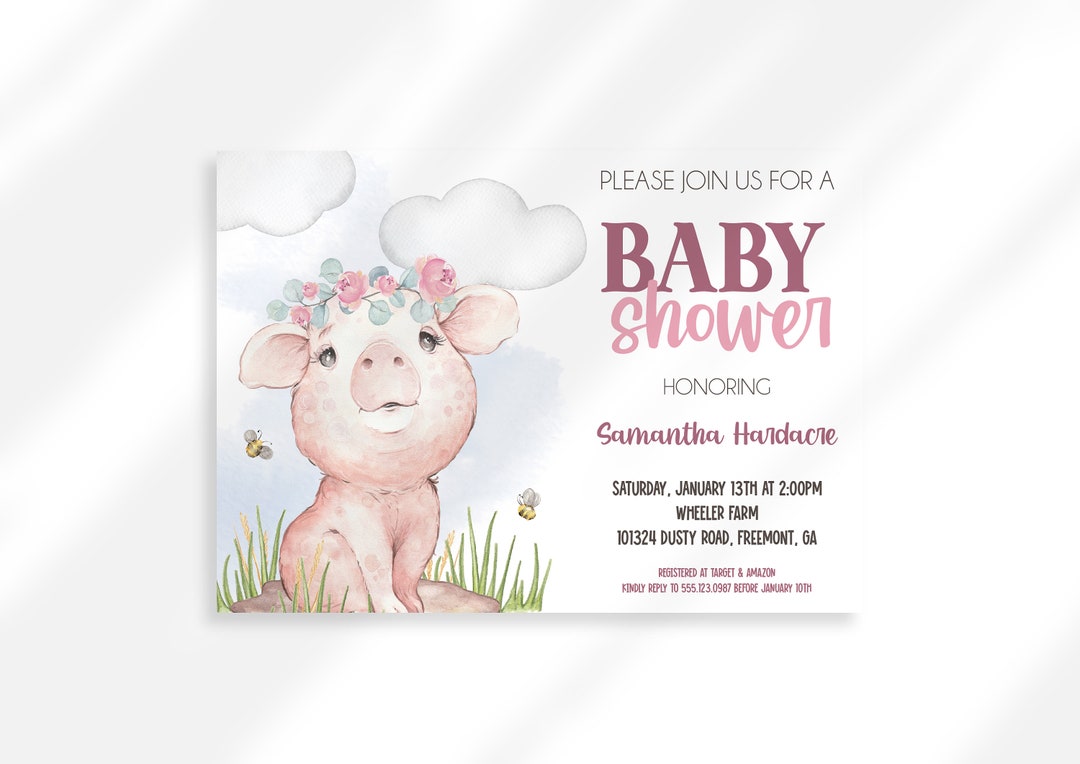 Editable Pig Baby Shower Invitation Girl | Rustic Farm Animals ...