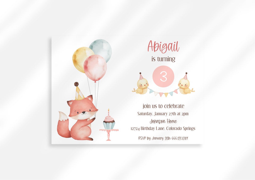 Editable Fox Birthday Invitation for Girls | Party Animal Invitation ...
