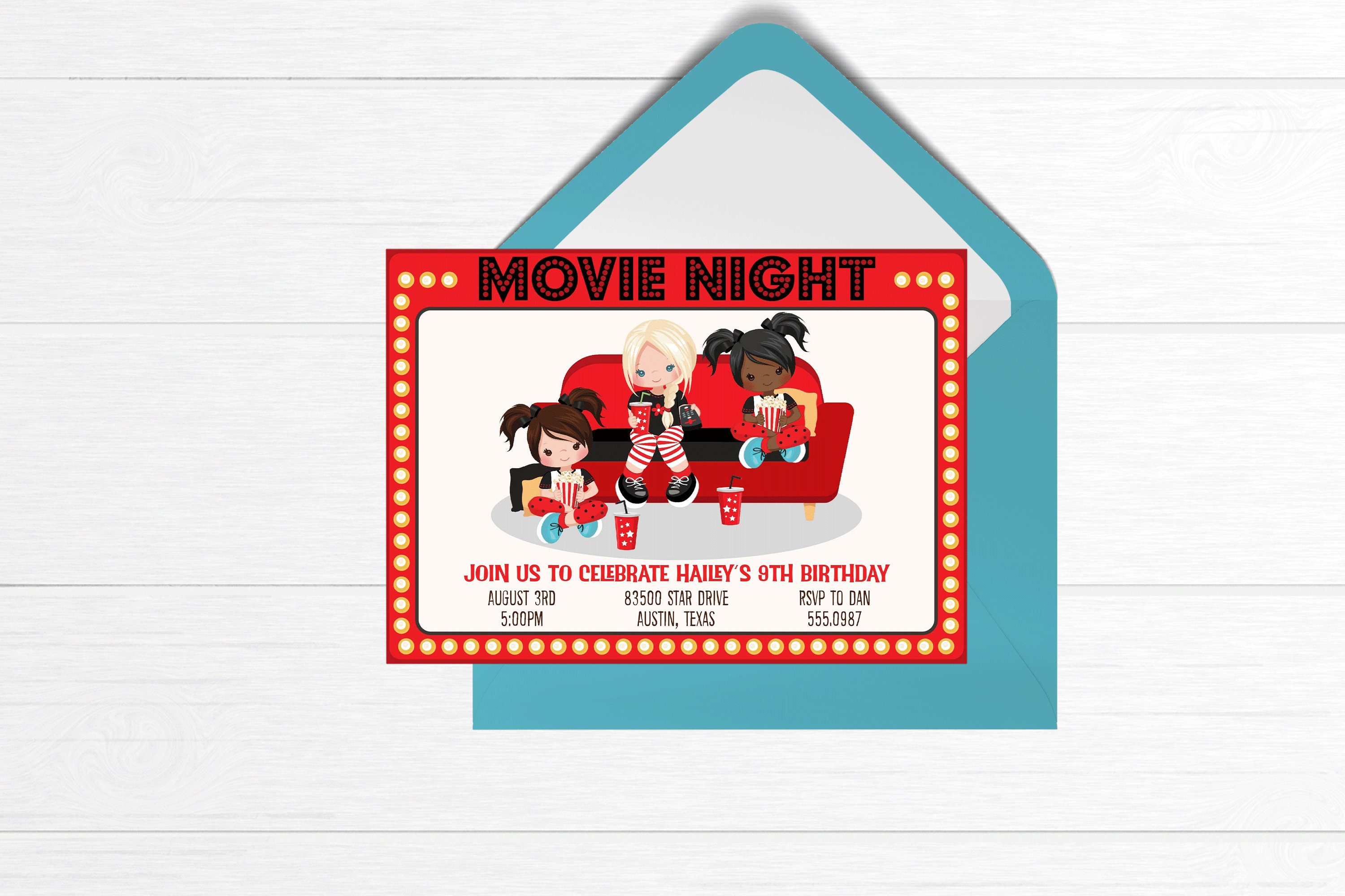 Editable Movie Night Flyer Birthday Invitation for Girls Movie Party ...