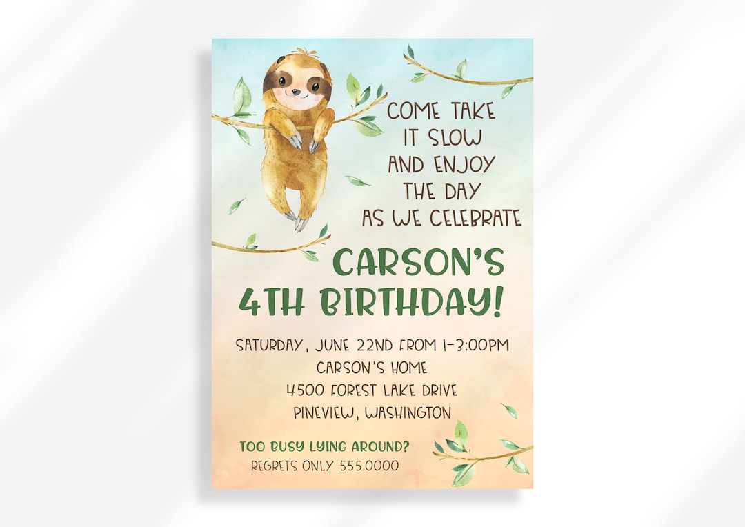 Editable Sloth Birthday Invitation for Instant Digital Download ...