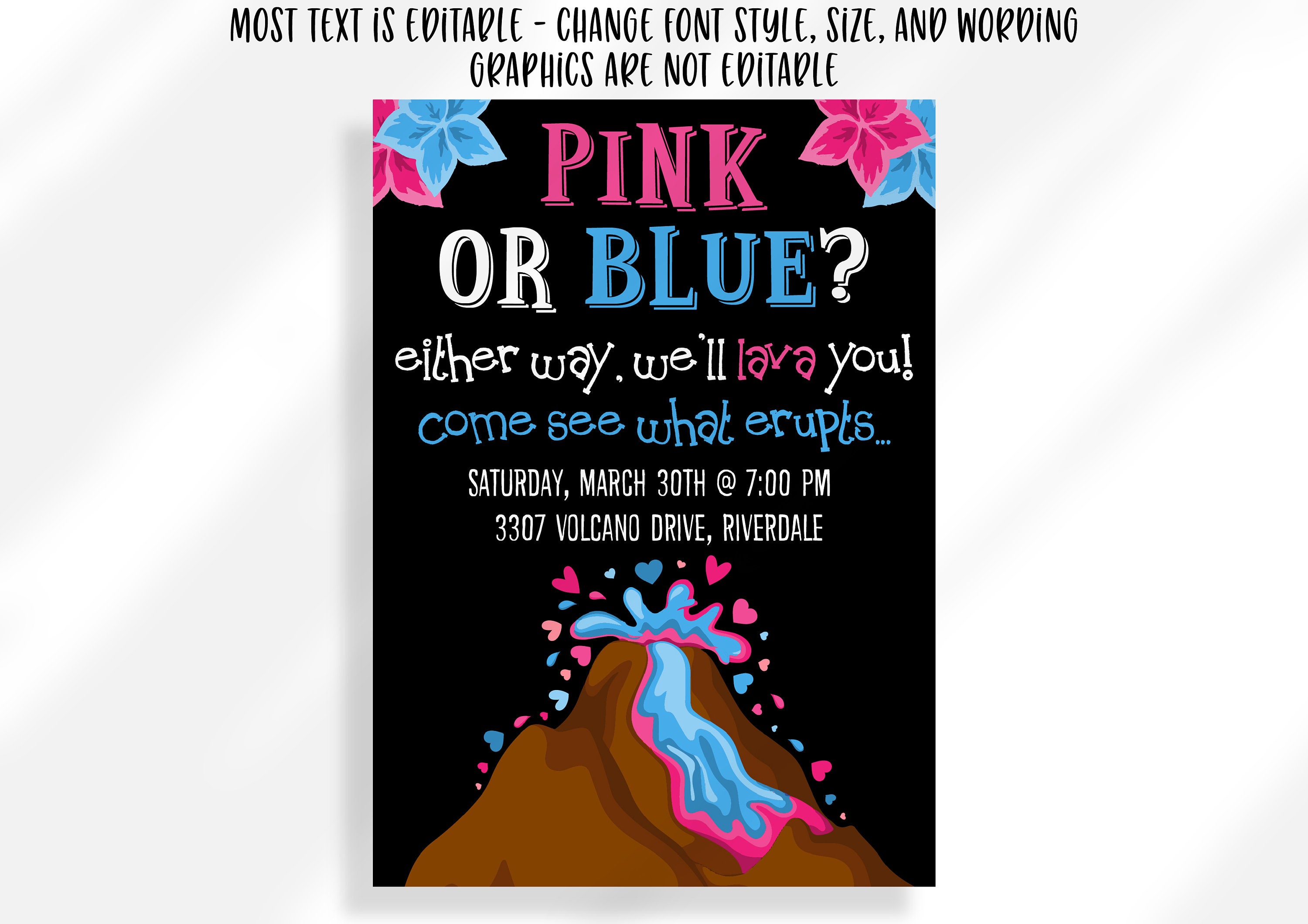 Editable Pink Or Blue We Love You Gender Reveal Invitation Volcano