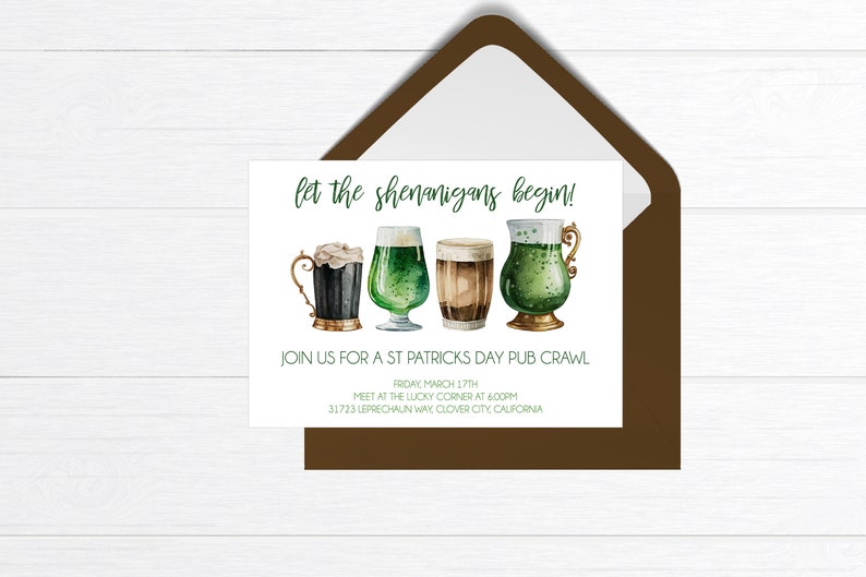 Let the Shenanigans Begin St Pattys Day Pub Crawl Bar Crawl Invitation ...