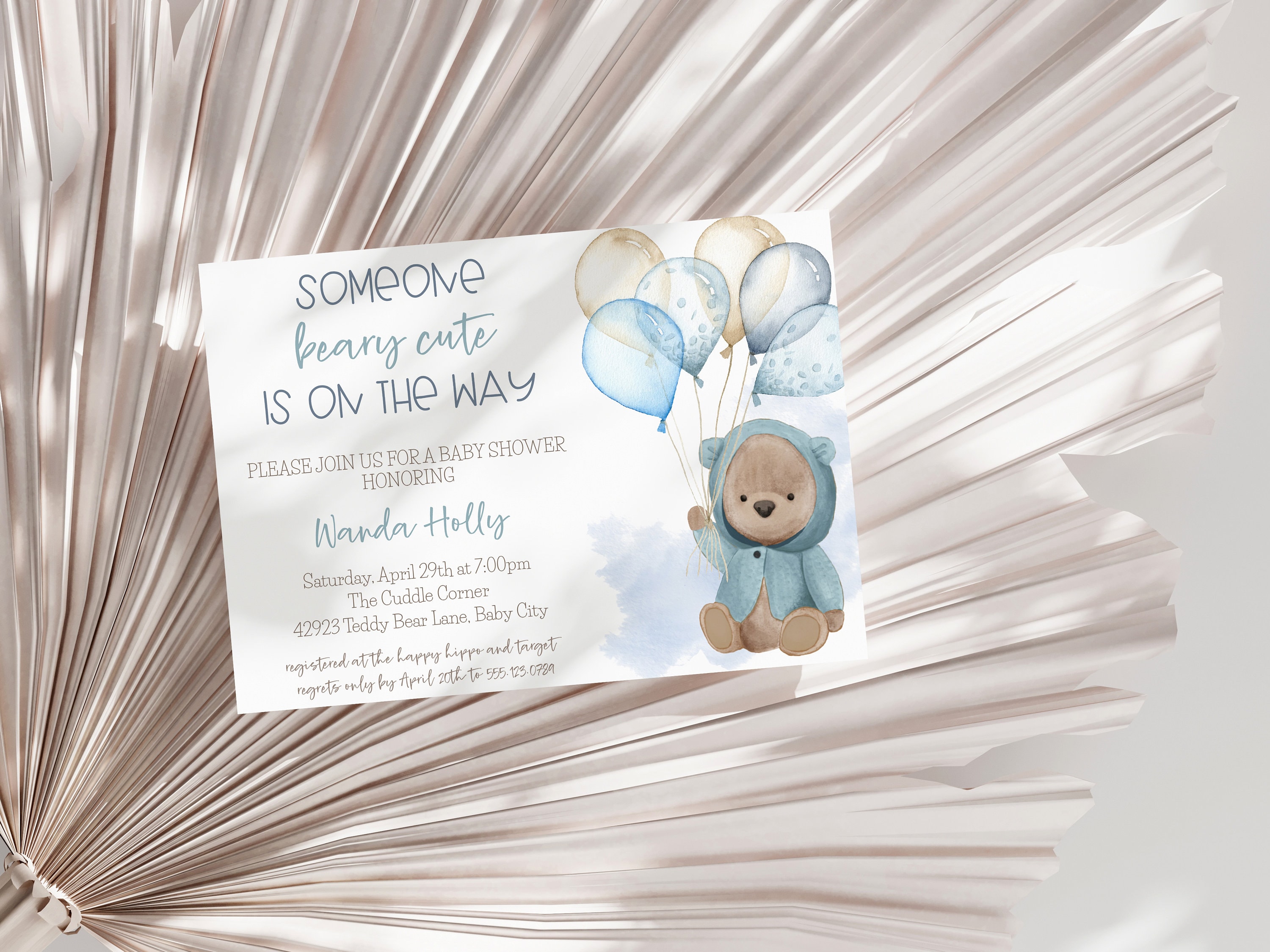 Editable Blue Bear Baby Shower Invitation Download | Teddy Bear Theme ...