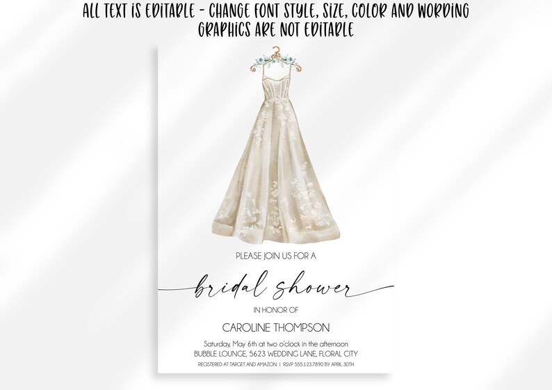 Editable Wedding Dress Bridal Shower Invites Greenery Bridal - Etsy