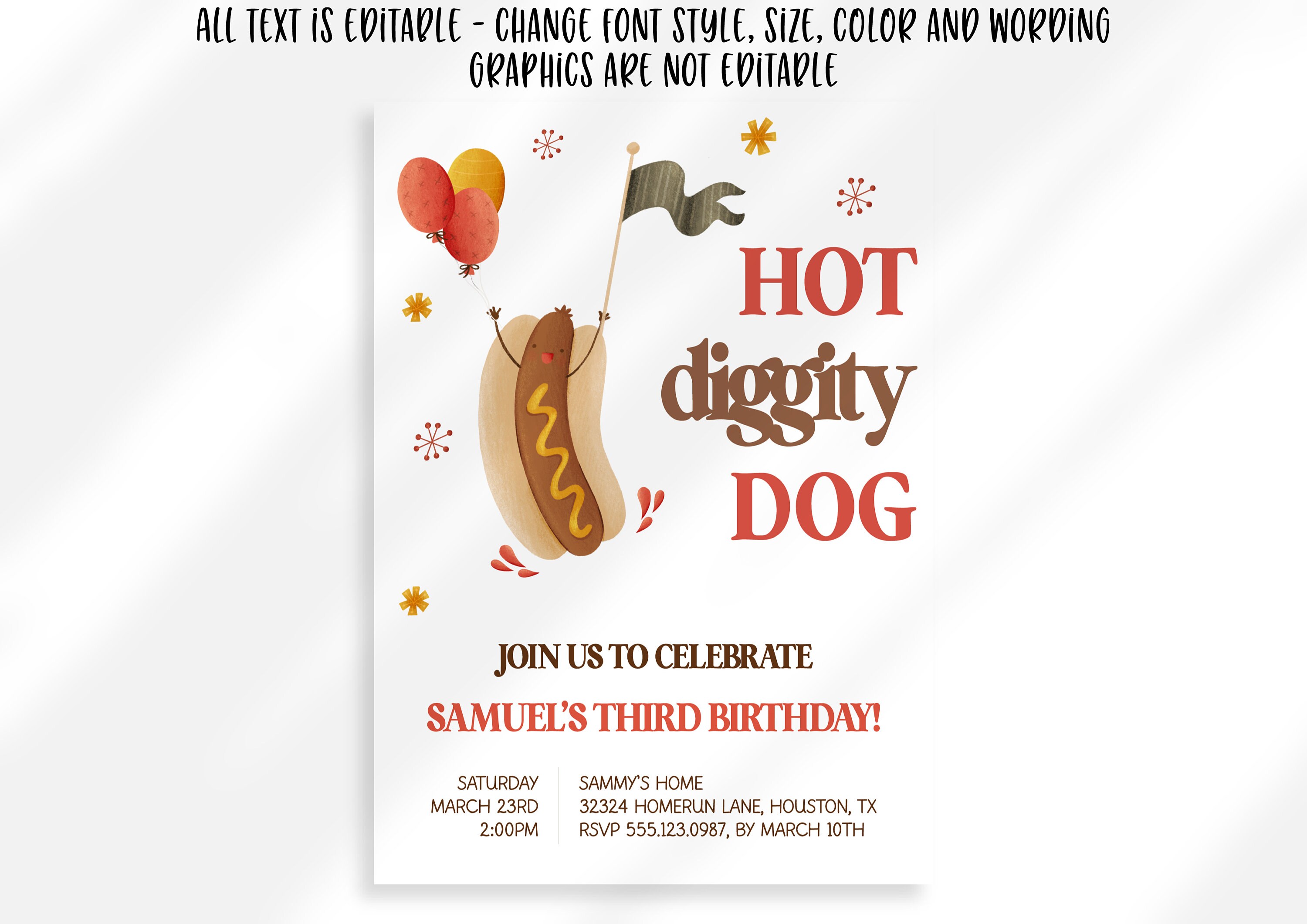 Editable Hot Dog Birthday Invitation Template | Retro Hot Dog Party ...