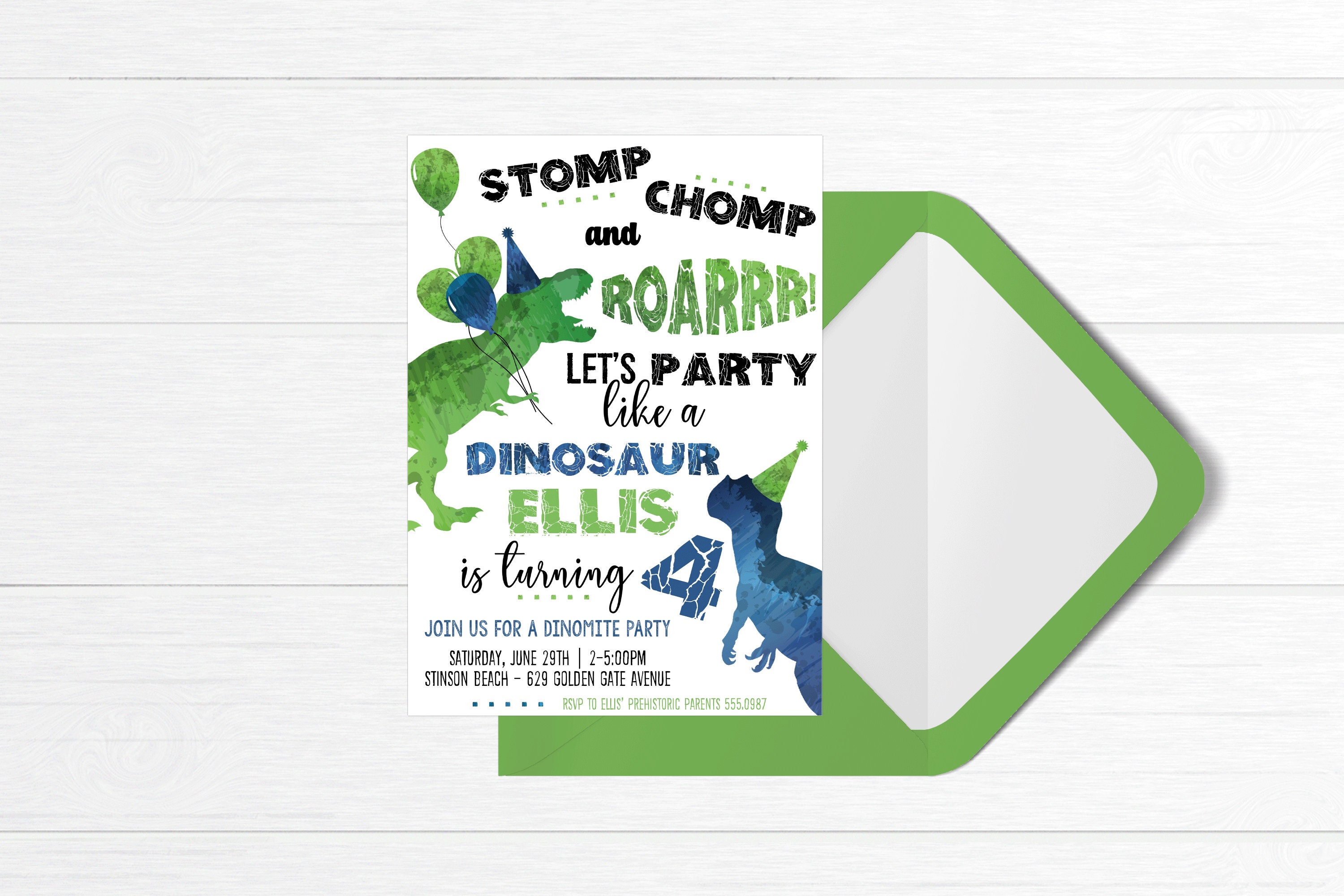Editable Stomp Chomp Roar Birthday Invite Dinosaur Birthday Party T-rex ...