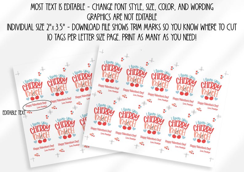 Editable Cherry Valentines Gift Tag Girl Valentine Classroom Gift Tag ...