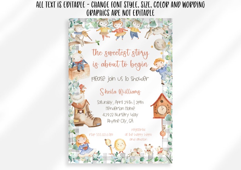 Editable Nursery Rhyme Baby Shower Invitation | Mother Goose Baby ...