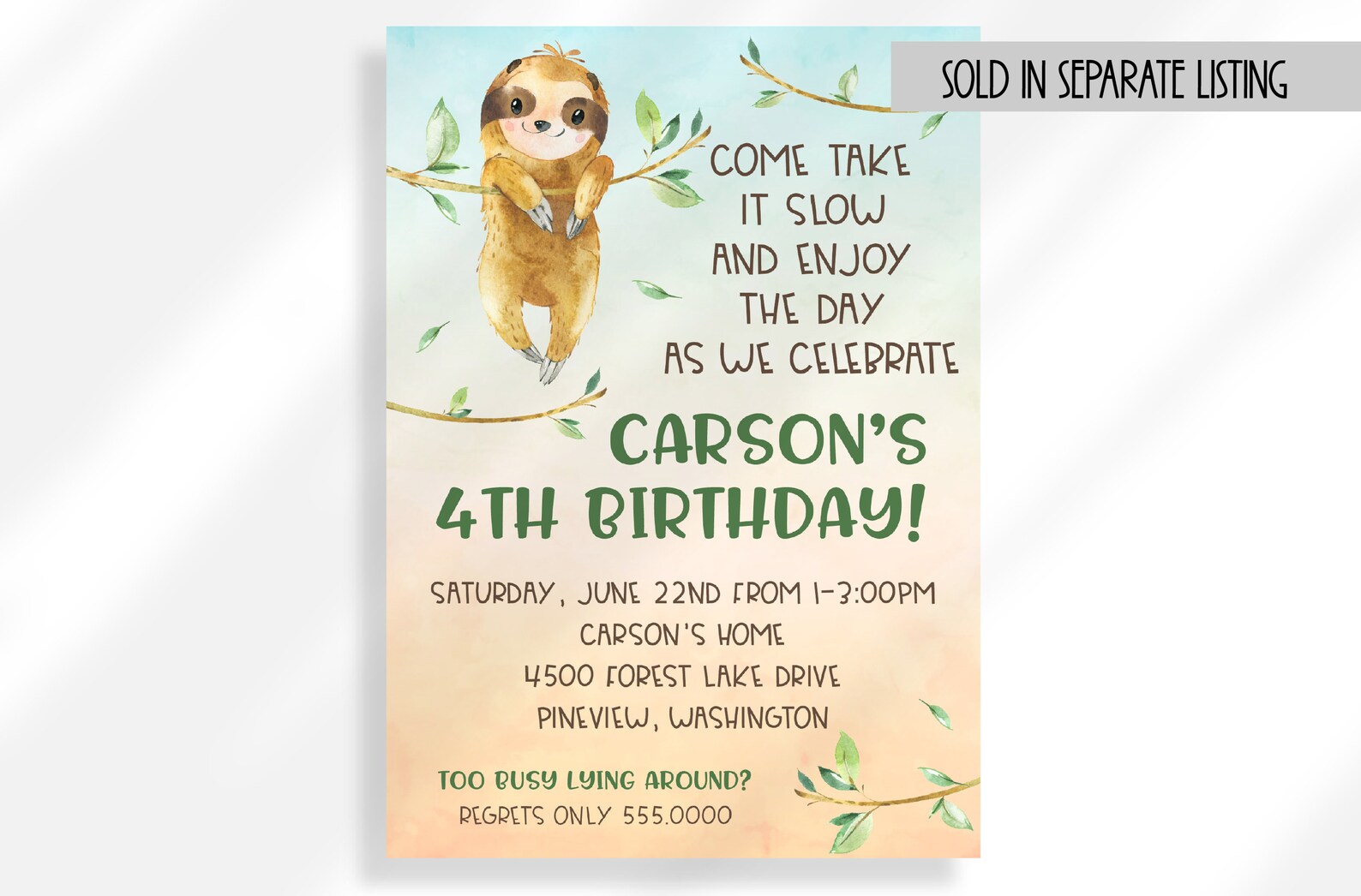 Editable Sloth Birthday Invitation for Instant Digital Download ...