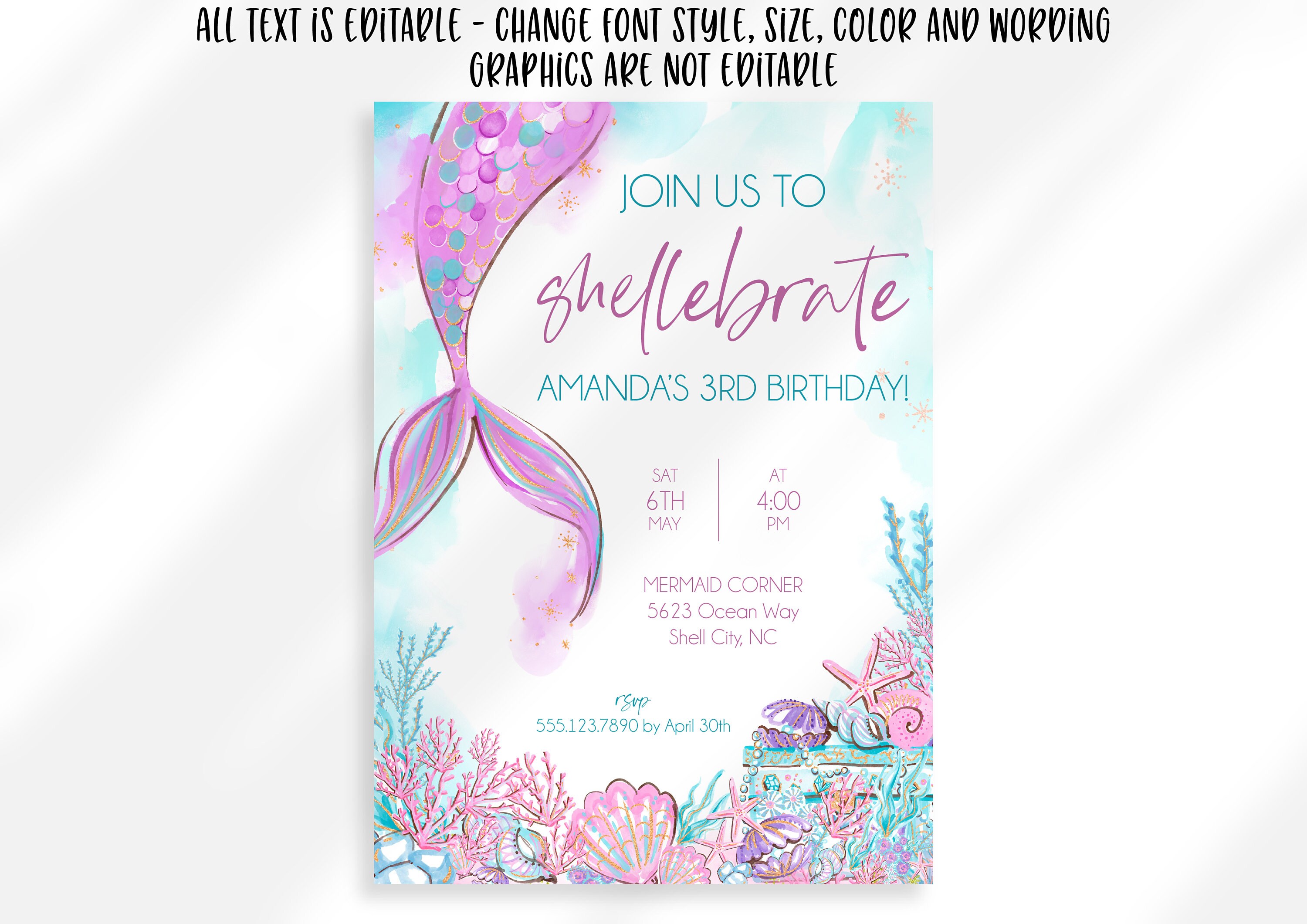 Editable Shellebrate Birthday Invitation | Purple Mermaid Invitation ...