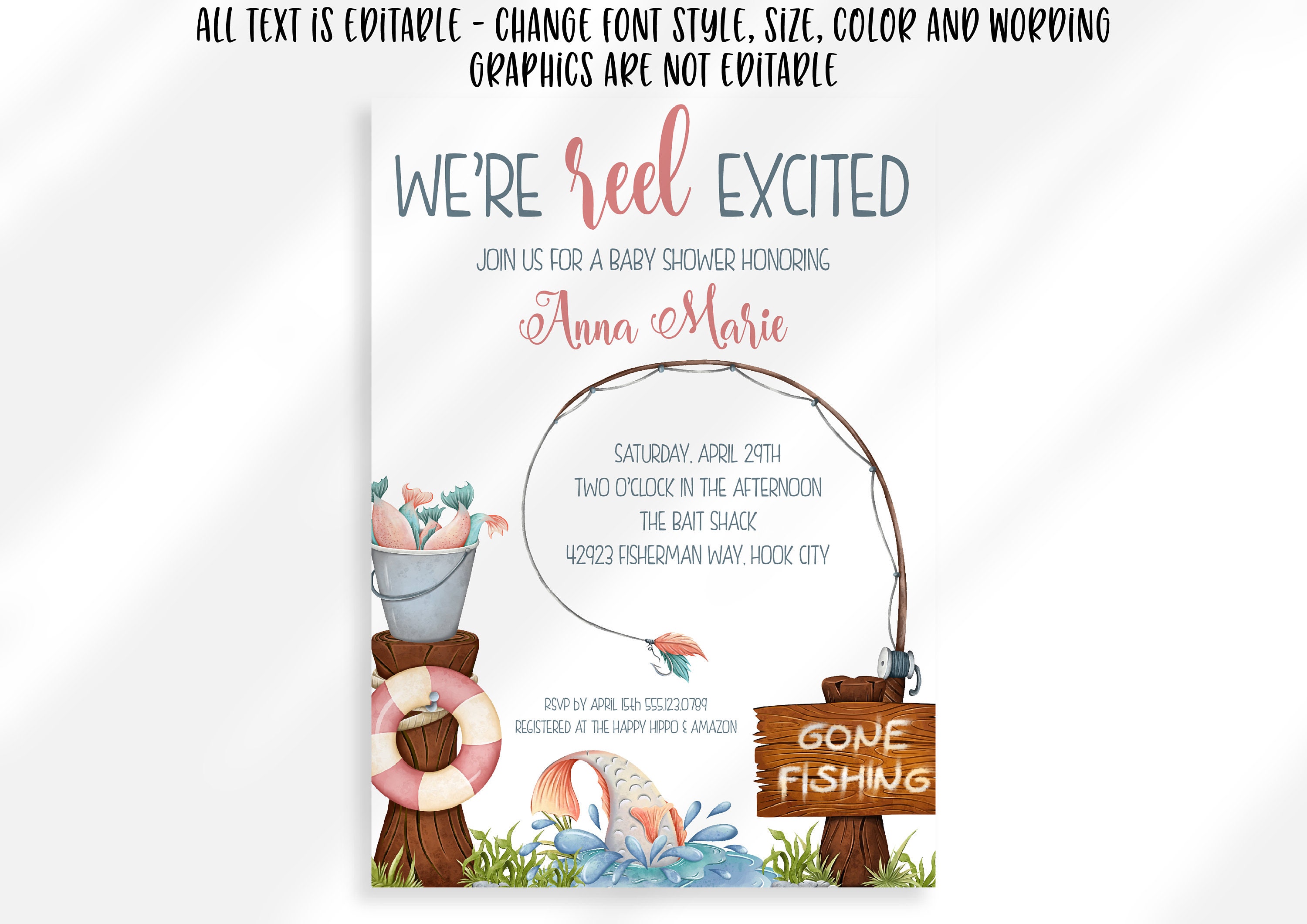 Editable Fishing Theme Baby Shower Invitation | Fishing Party | We're ...