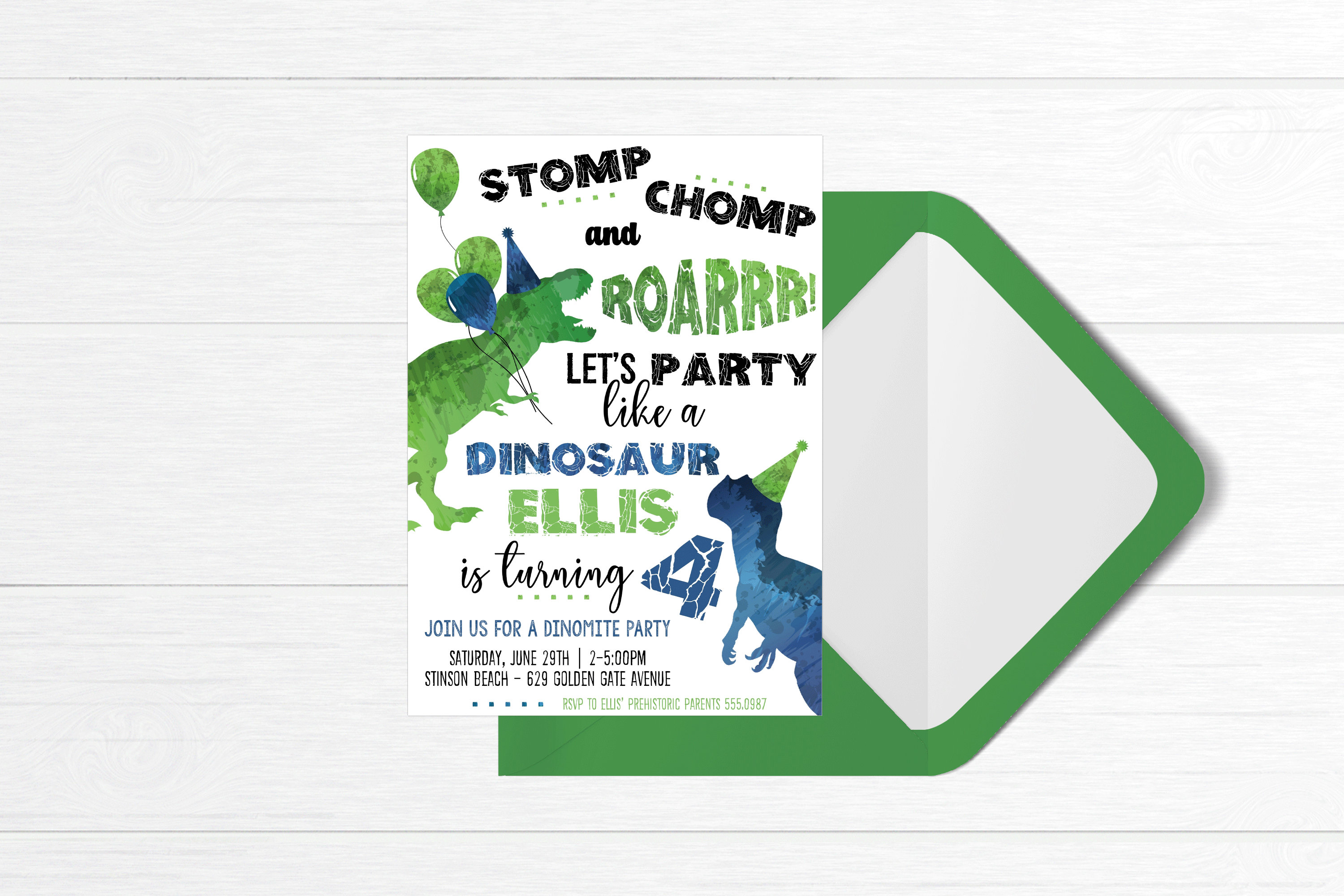 Editable Stomp Chomp Roar Birthday Invite Dinosaur Birthday Party T-rex ...