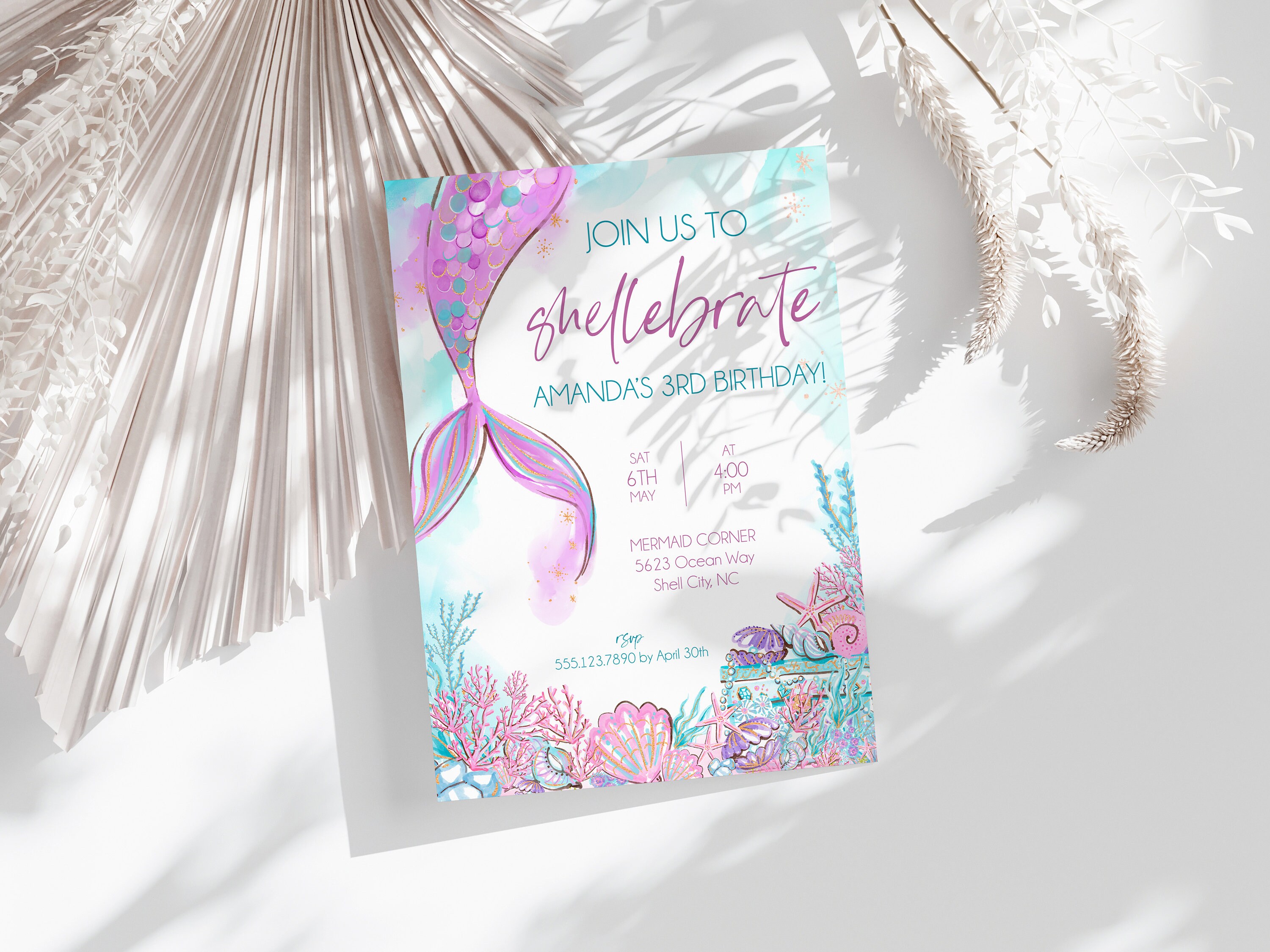 Editable Shellebrate Birthday Invitation | Purple Mermaid Invitation ...