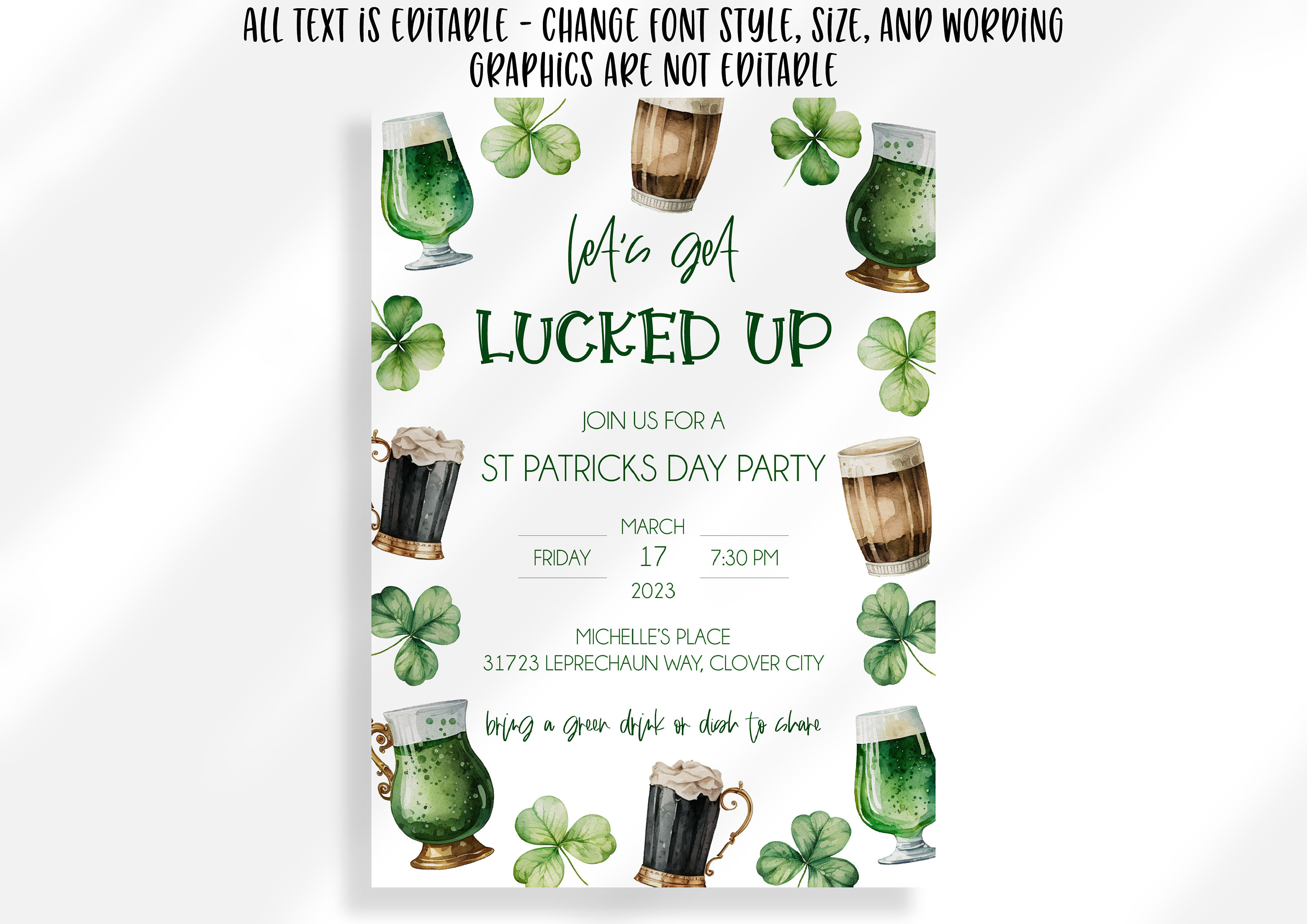 Editable St Patricks Day Party Invitation | Pub Crawl Invitation | Green Beer Lets Get Lucked up ...