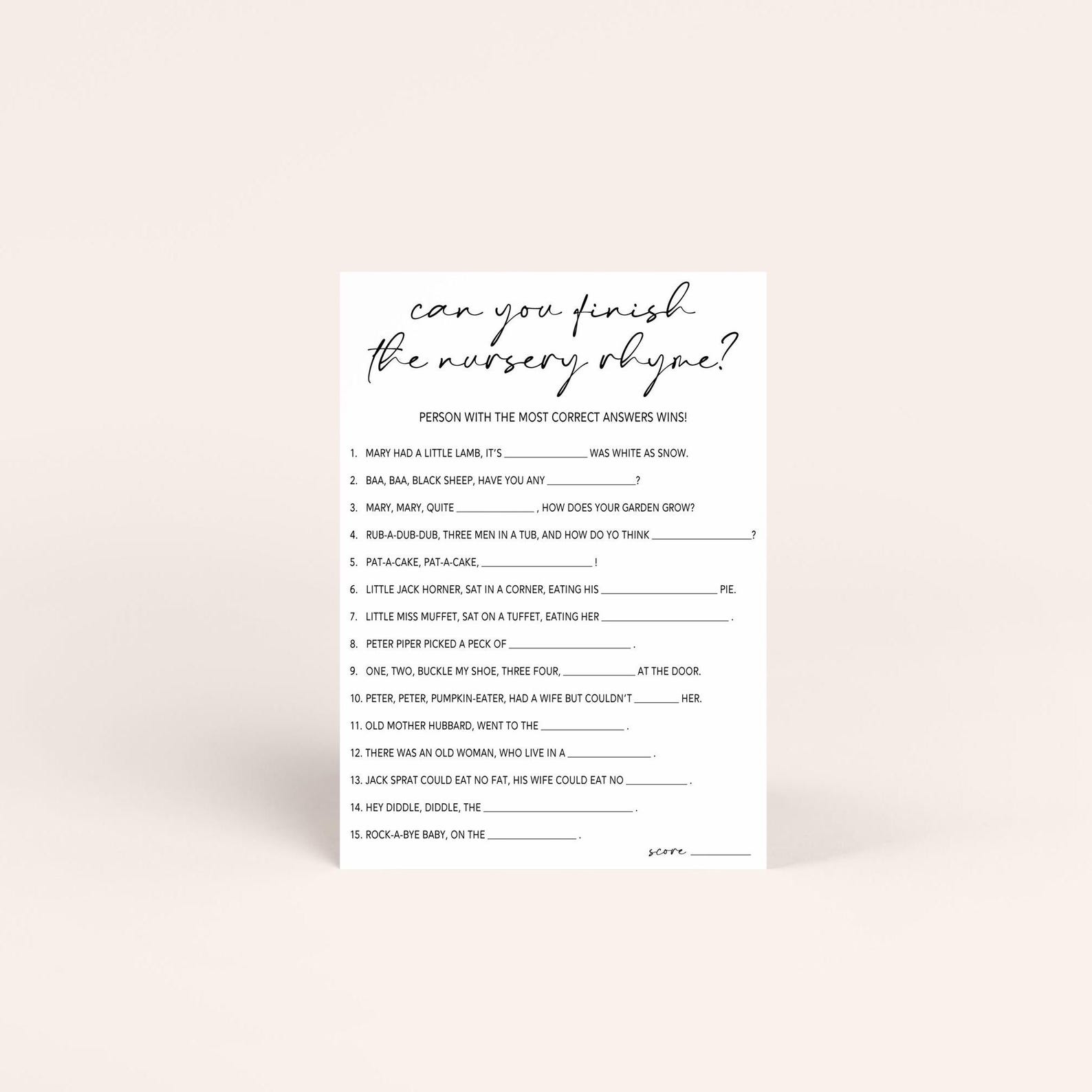 Nursery Rhyme Quiz Baby Shower Game Instant Download Nursery Rhyme Game ...