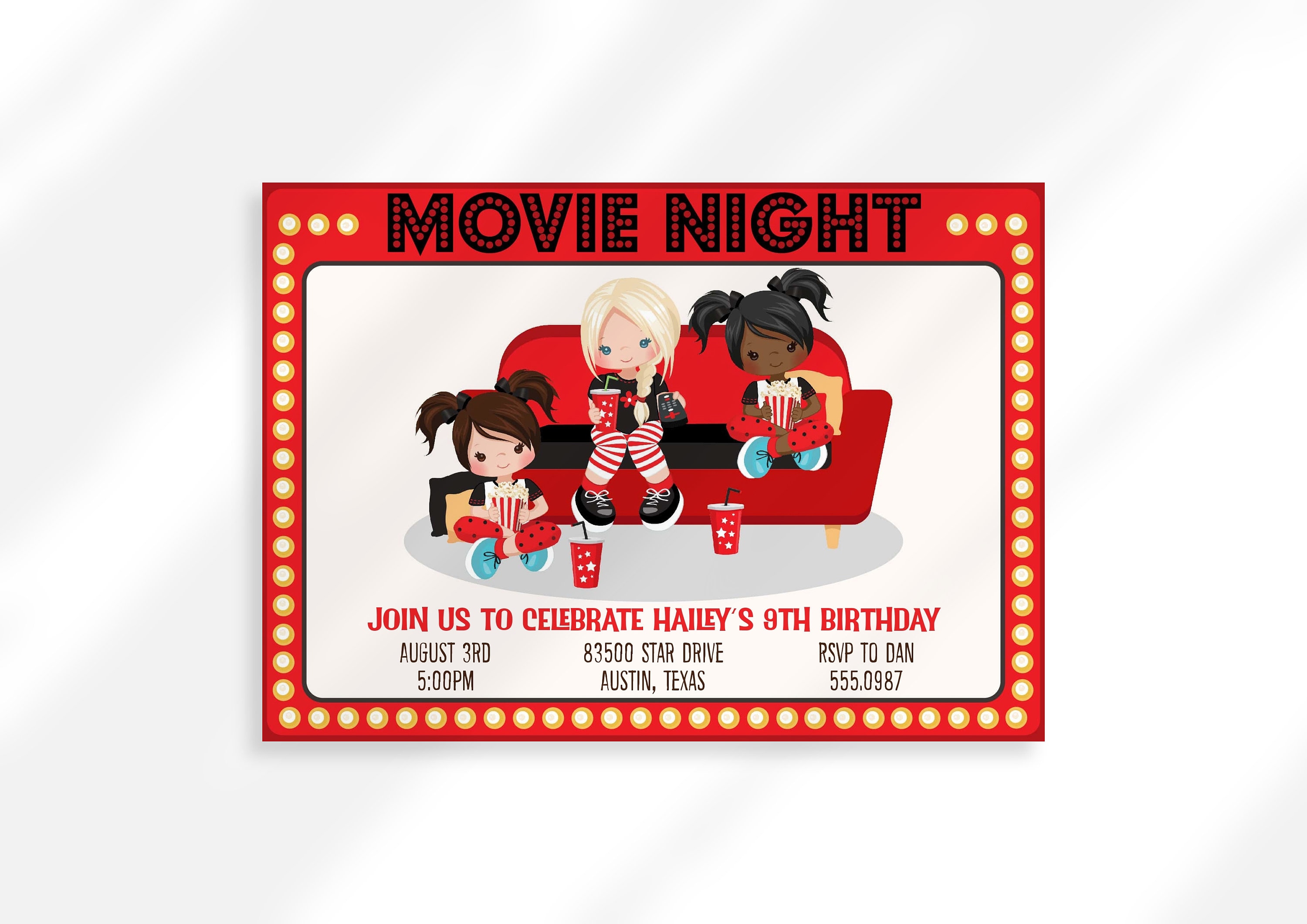 Editable Movie Night Flyer Birthday Invitation for Girls Movie Party ...