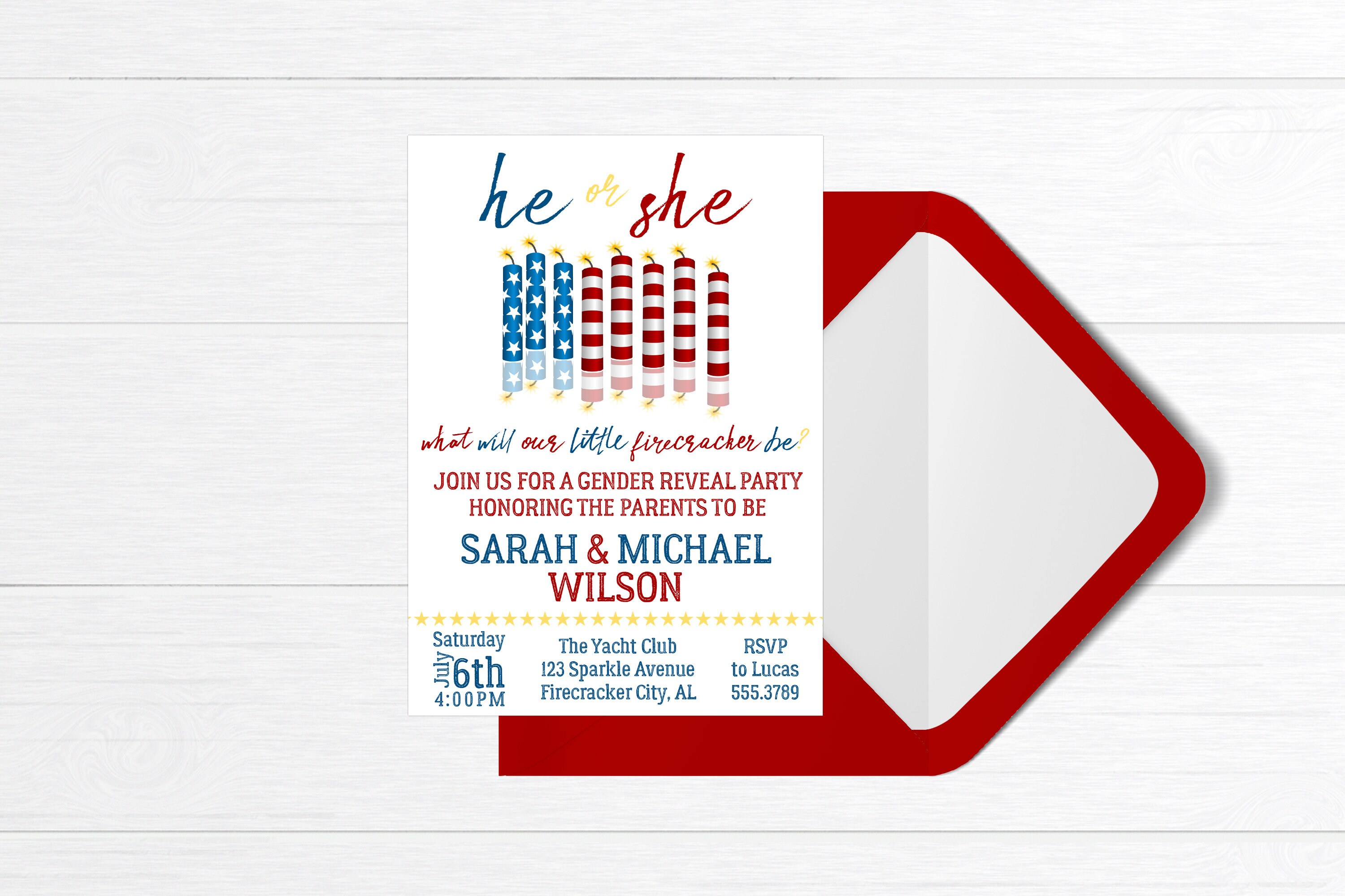 Editable He or She Gender Reveal Invitation | 4th of July Gender Reveal ...