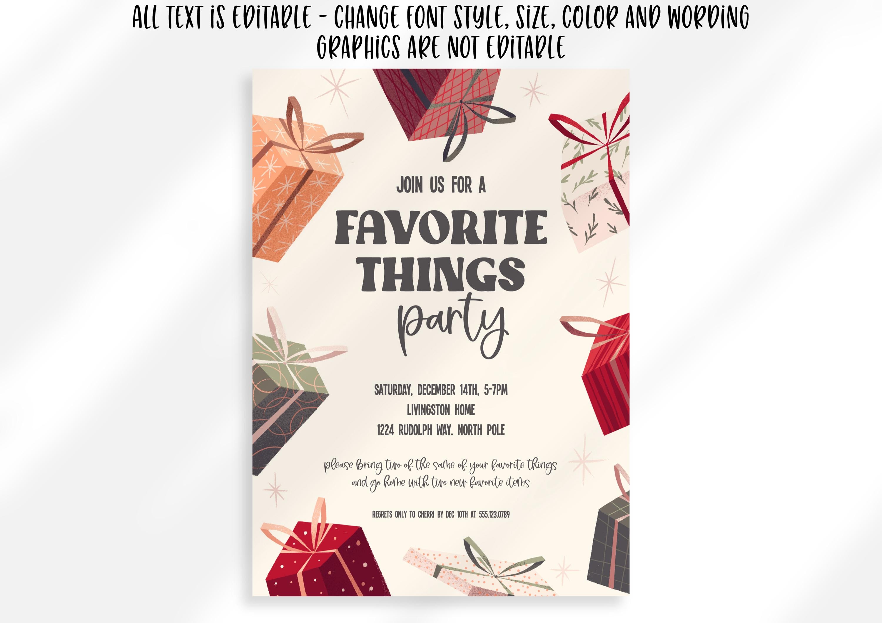 Editable Favorite Things Party Invite | Favorite Things Gift Exchange ...
