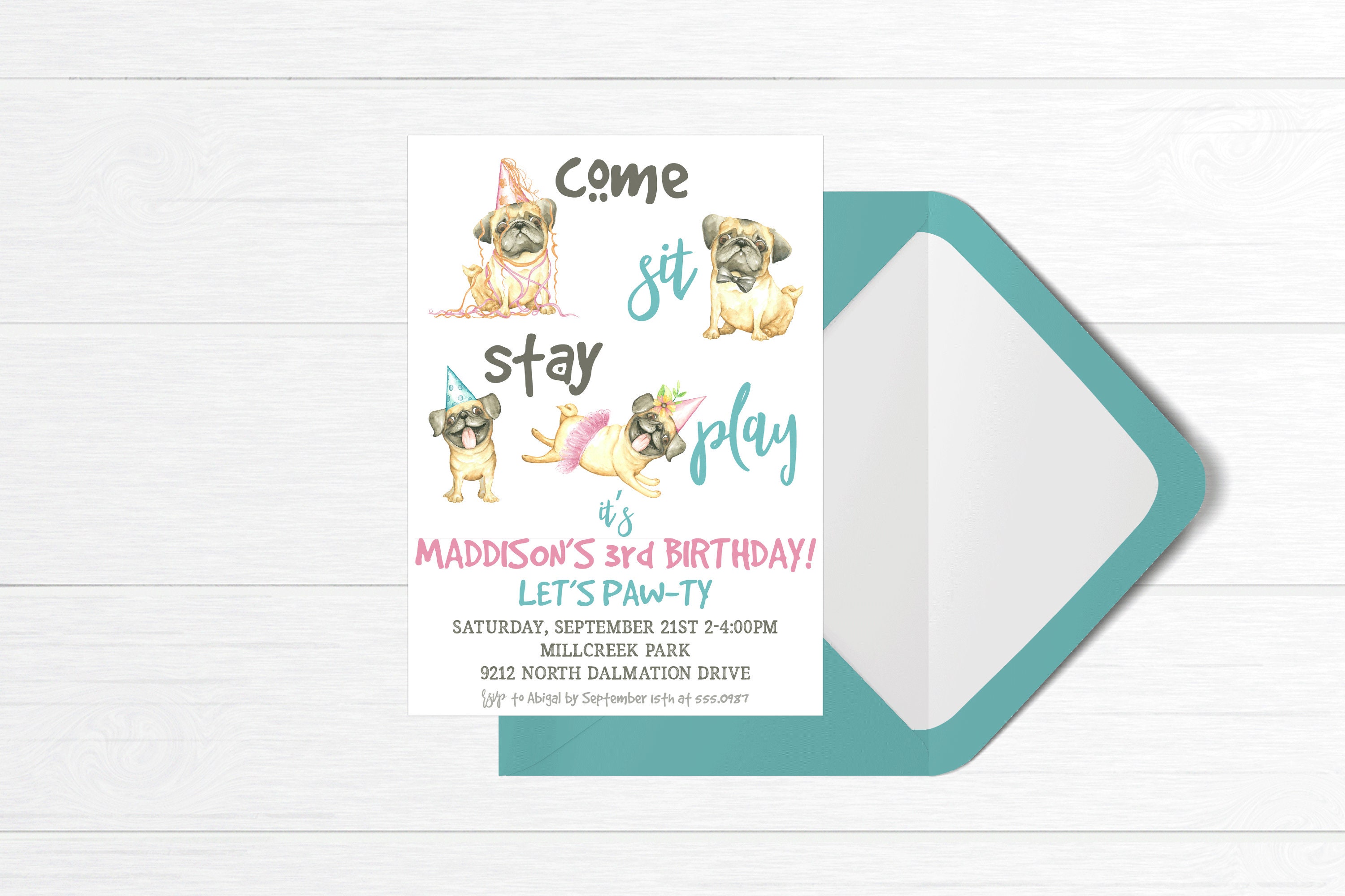 Editable Pug Birthday Invitation Template Lets Pawty Pug Party Kids ...