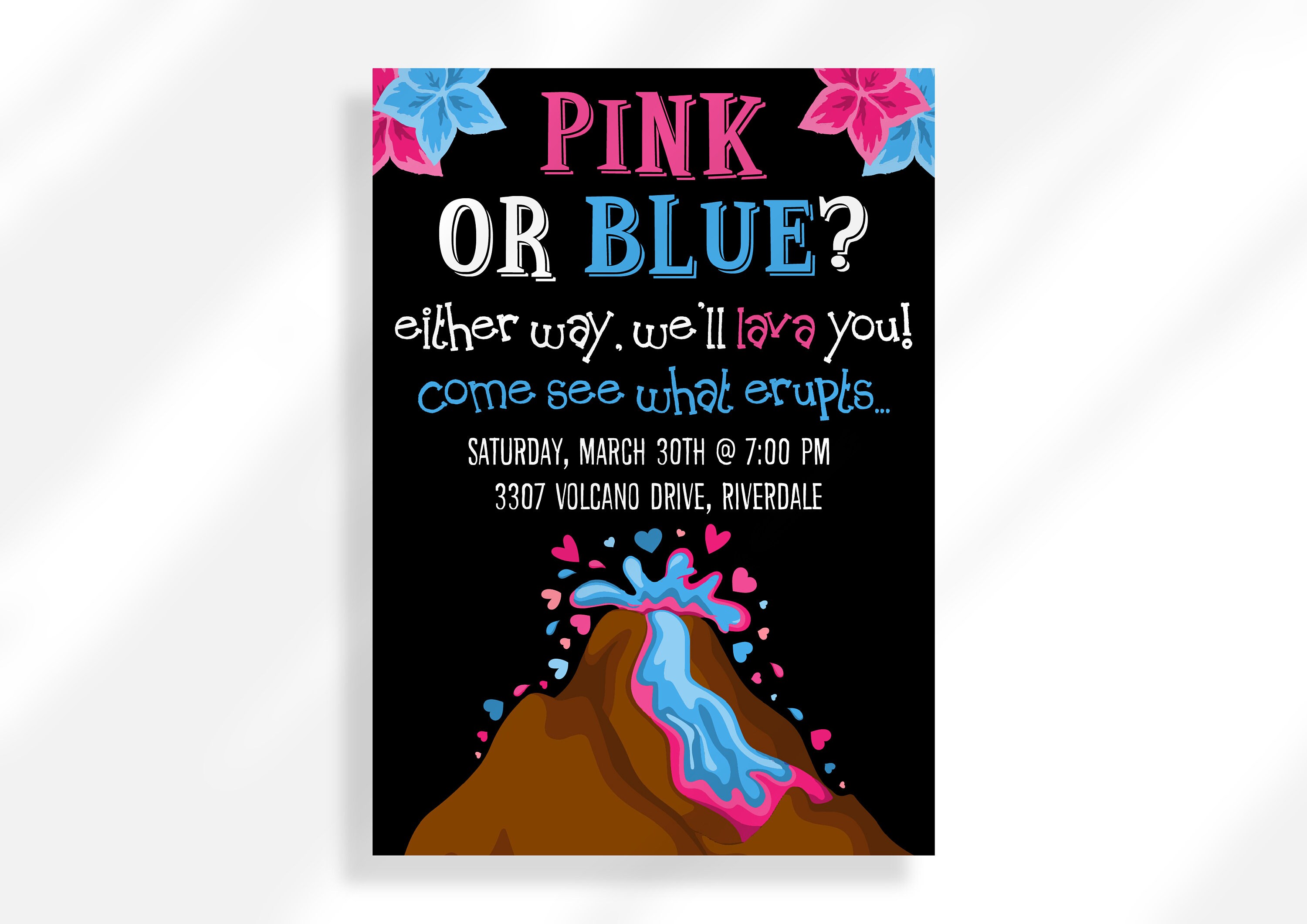 Editable Pink Or Blue We Love You Gender Reveal Invitation Volcano