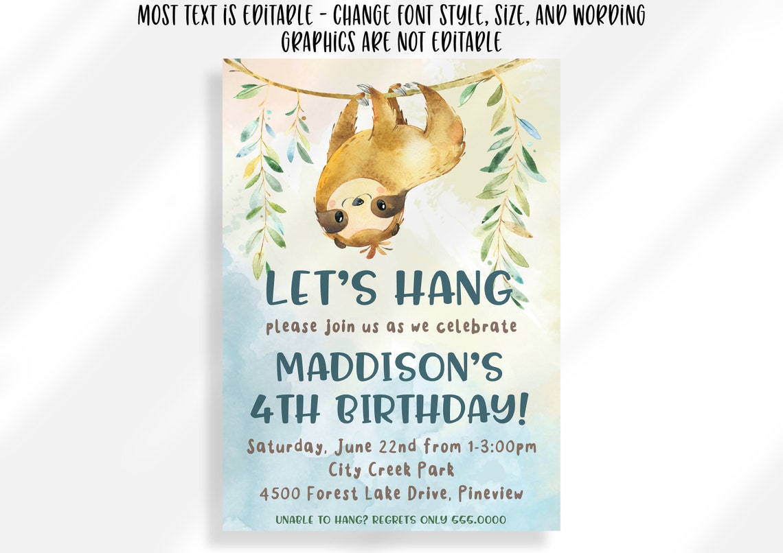 Editable Sloth Birthday Invitation for Instant Digital Download ...