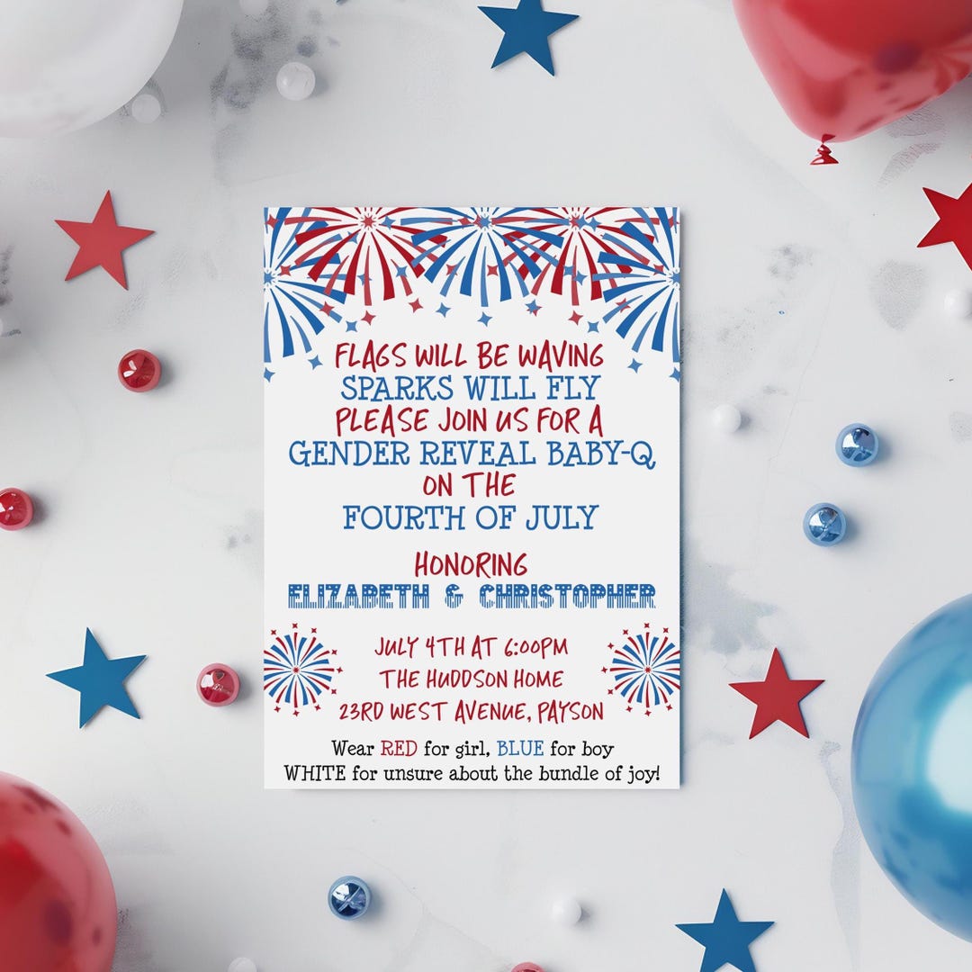 4th of July Gender Reveal Invite Digital Download, Patriotic Baby Q BBQ ...