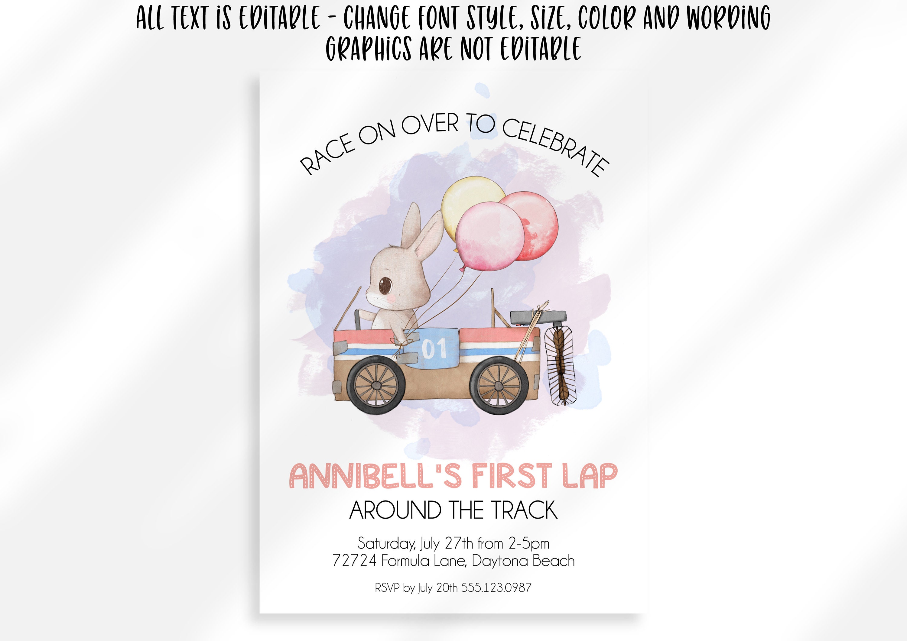 Editable First Lap Birthday Invitation for Girls | Race Car Birthday ...