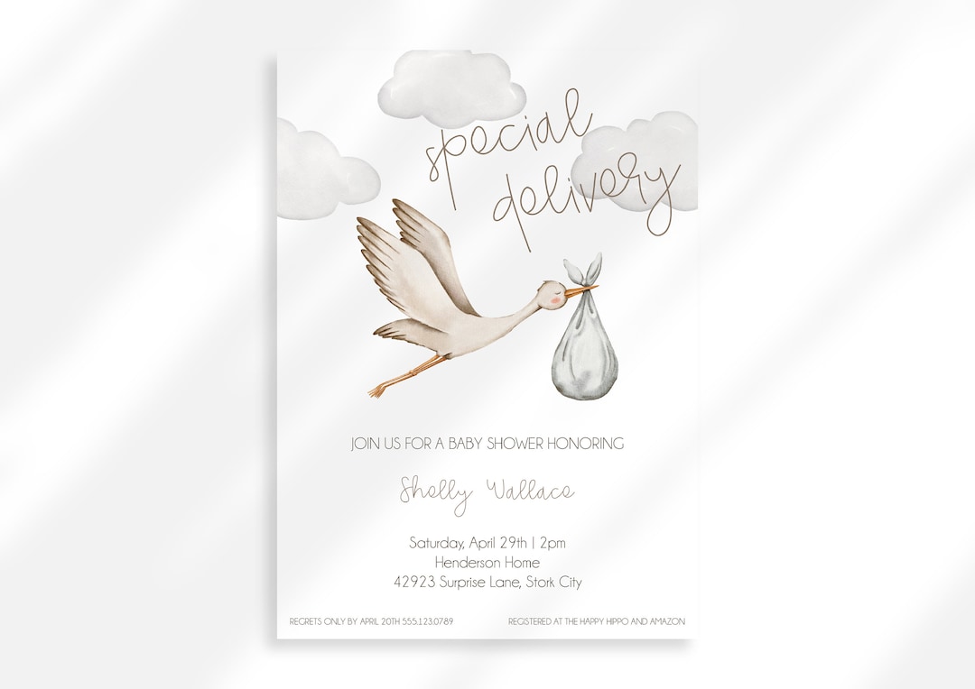 Editable Stork Baby Shower Invitation | Gender Neutral Baby Shower ...