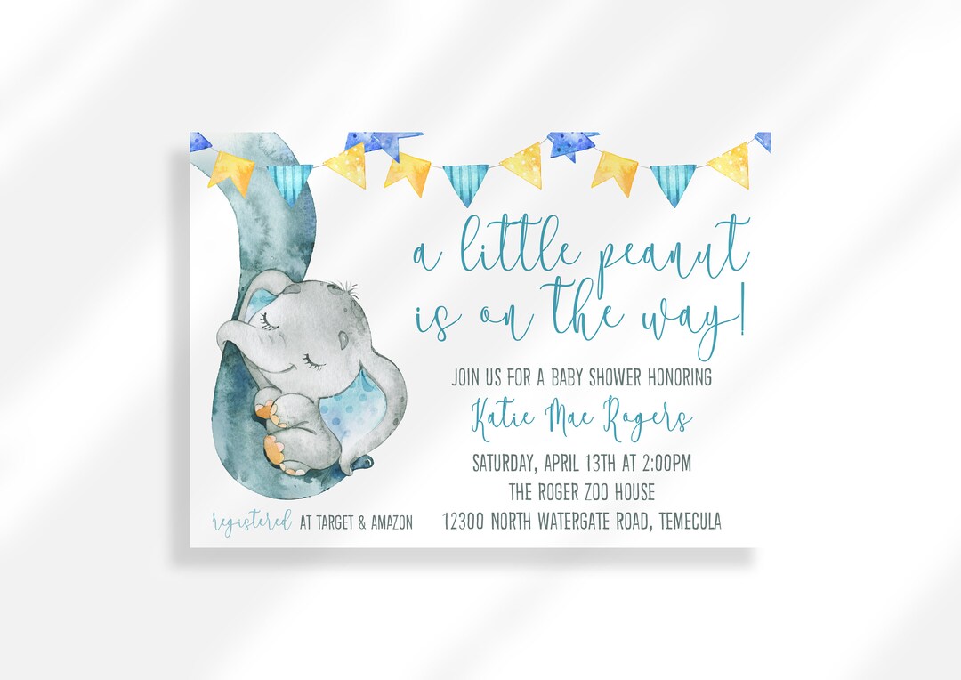A Little Peanut is on the Way Elephant Baby Shower Invitation Boy ...