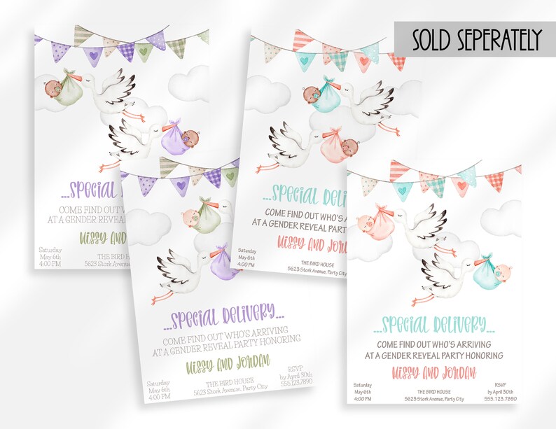 Editable Stork Gender Reveal Invitation | Pink Blue Baby Shower Invite ...