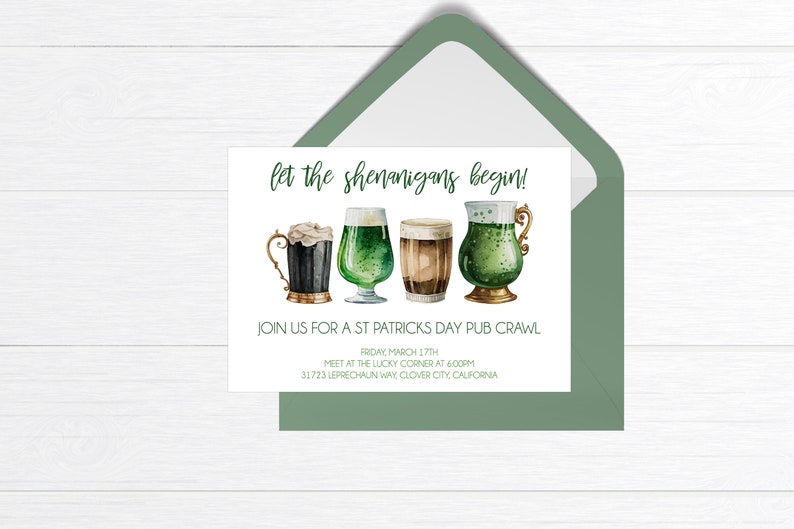 St Patricks Day Pub Crawl Invitation, St Patricks Day Party Invite Editable, Green Beer Let the ...