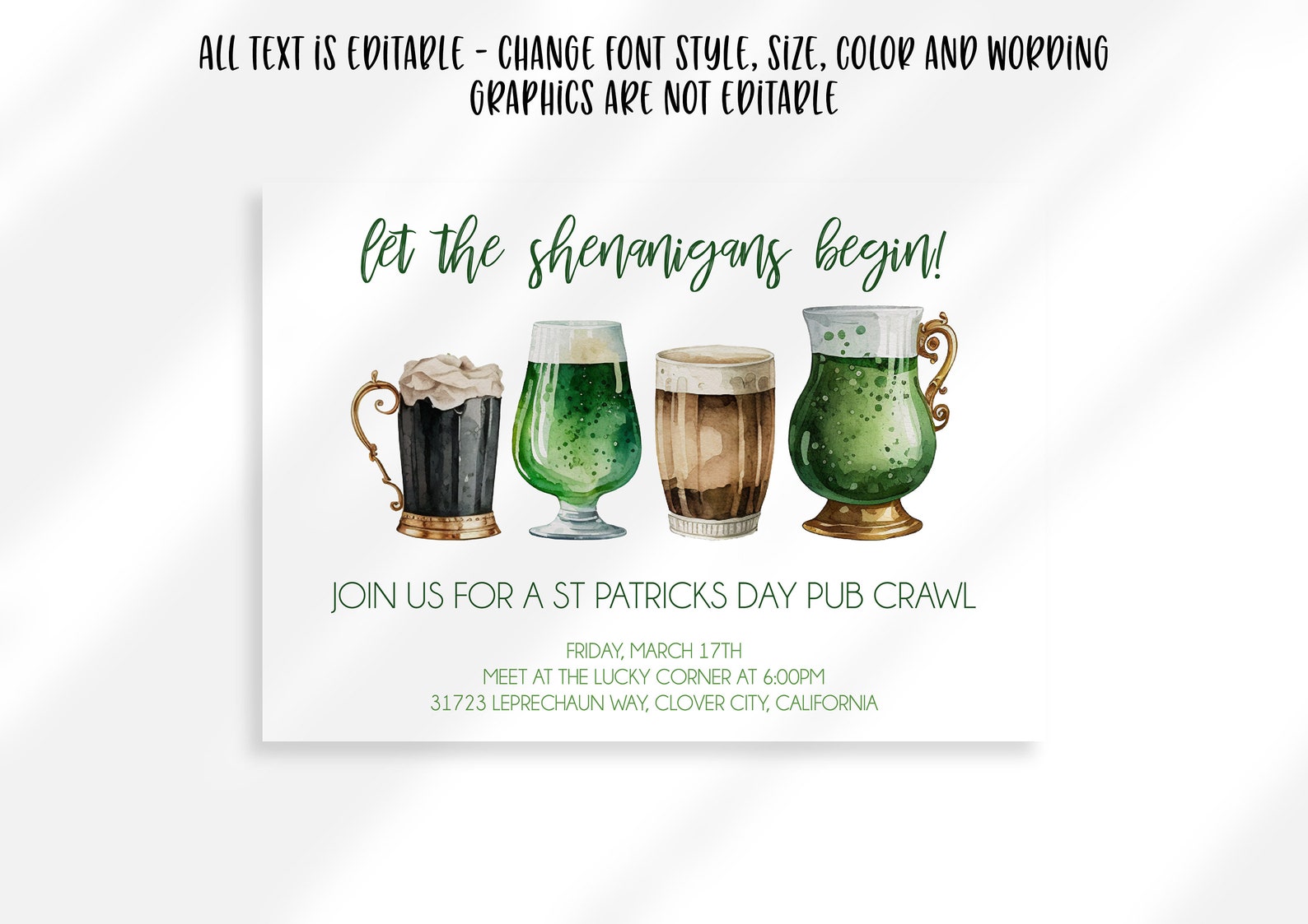 Let the Shenanigans Begin St Pattys Day Pub Crawl Bar Crawl Invitation ...